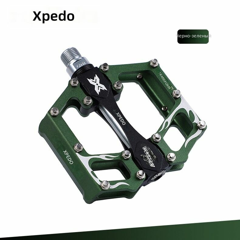 Педали для велосипеда Xpedo XMX11AC, черно-зеленые, алюминиевые, с противоскользящими шипами