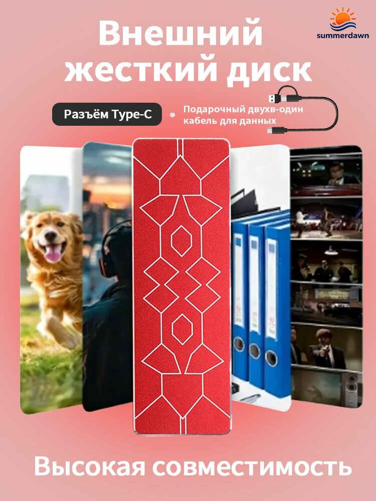 Портативный внешний SSD Серия 15 с дизайном в стиле "трещины" кабелем 2-в-1. Интерфейсы USB/Type-C, металлический корпус, скорость до 10-30 МБ/с. Для телефона и ПК.