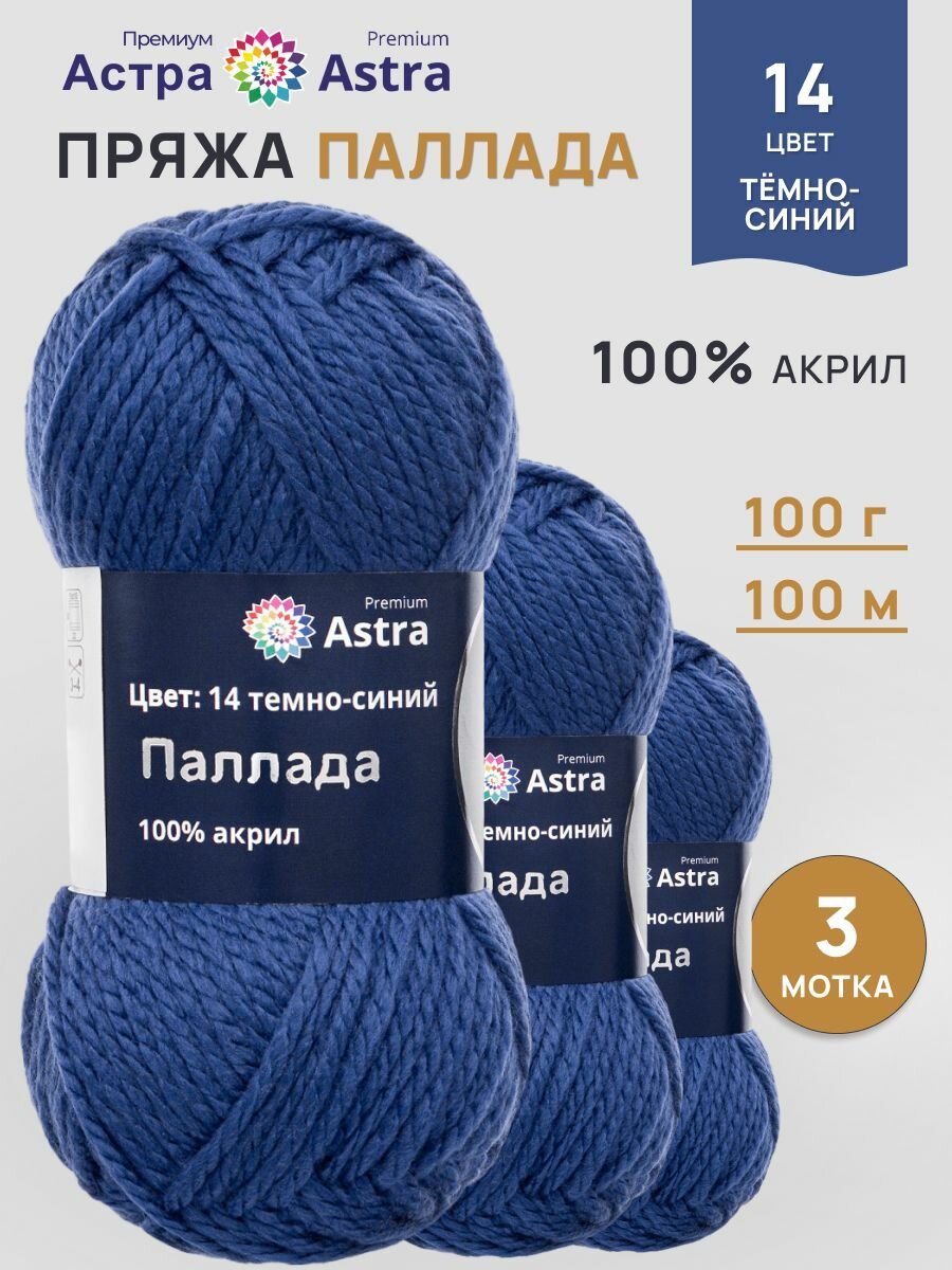 Пряжа для вязания Astra Premium 'Паллада' 100г, 100м (100% акрил) (14 темно-синий), 3 мотка