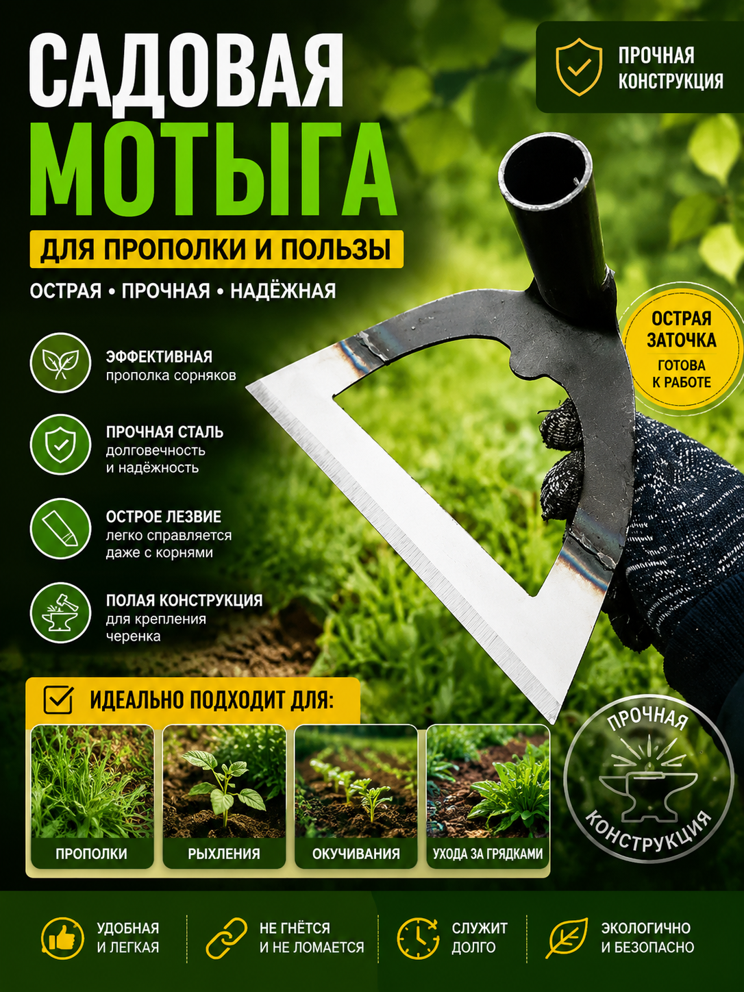 Тяпка шириной 23 см из углеродистой стали, для прополки грядок, без ручки