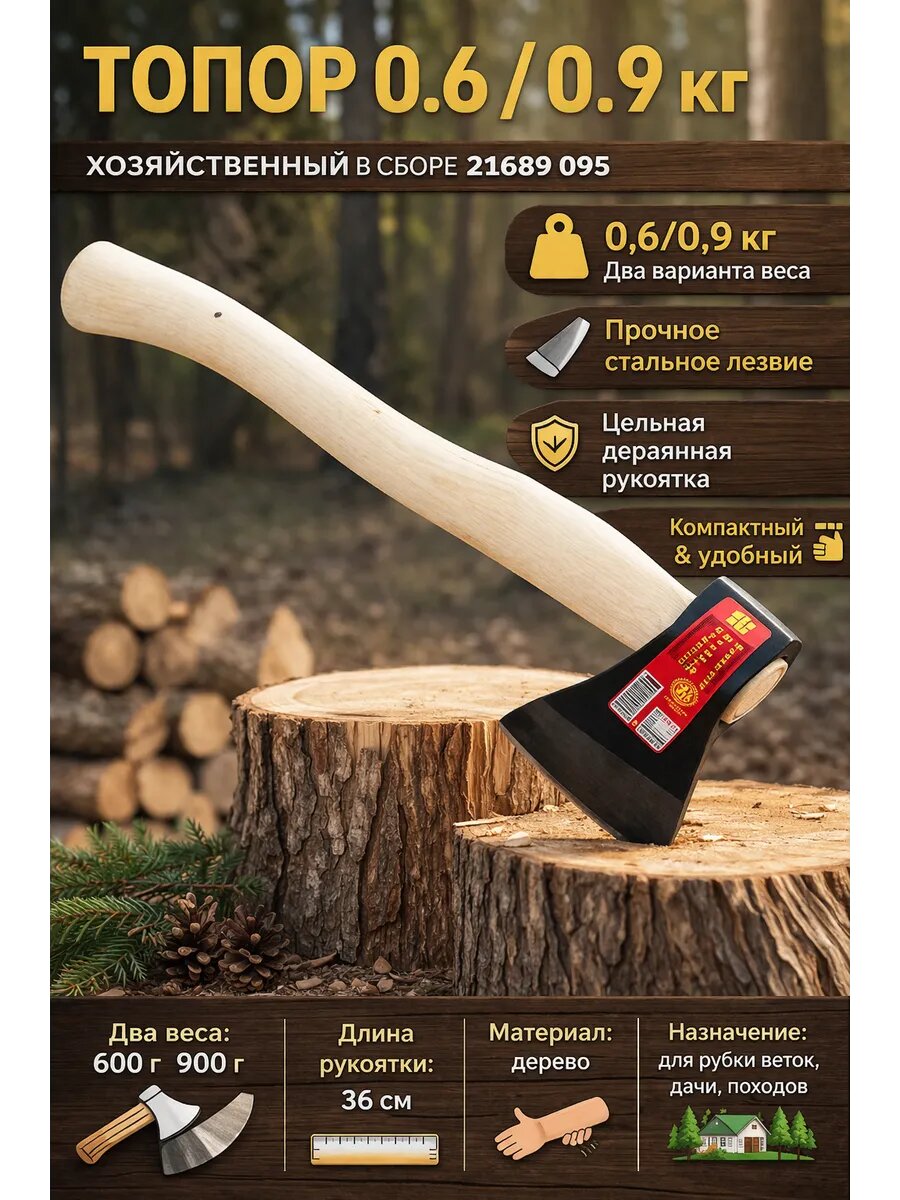 Топор 1.2/1.5 кг С-665 в сборе для рубки дров