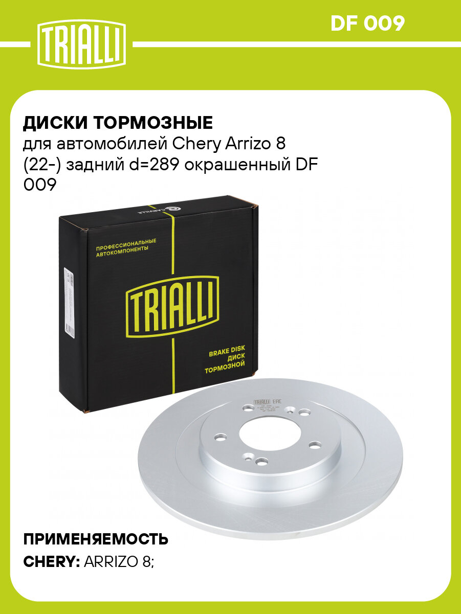 Диски тормозные для автомобилей Chery Arrizo 8 (22-) задний d=289 окрашенный DF 009 TRIALLI