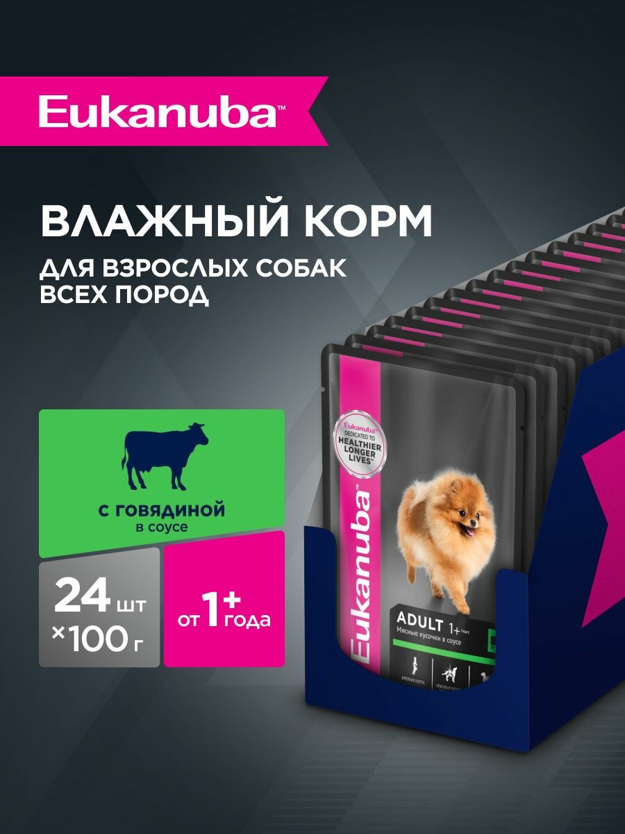 Влажный корм для собак Eukanuba Adult с говядиной в соусе, 100 г х 24 шт