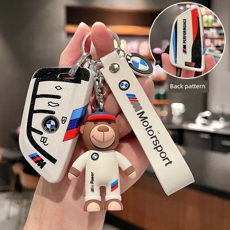 Чехол для ключа BMW с M-логотипом спортивного дизайна в белом цвете с узором белого медвежонка для моделей X1 X3 X5 X6