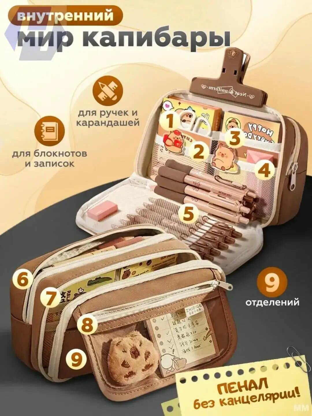 Премиум пенал с Капибарой KAWAII BOX, на 9 отделений, для школьниц и подростков