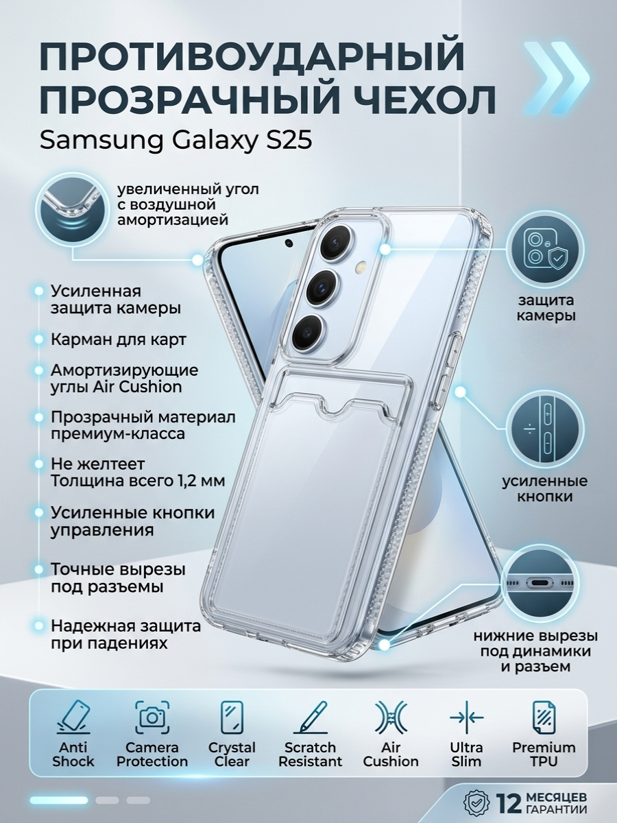 Прозрачный чехол на Samsung Galaxy S25 c карманом для карт, противоударный с защитой камеры