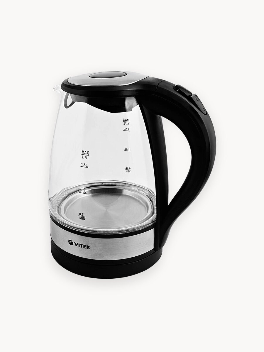 Чайник Vitek VT-7008, 2200Вт, 1,7л, пластиковый корпус, стекло, чёрный/серебристый