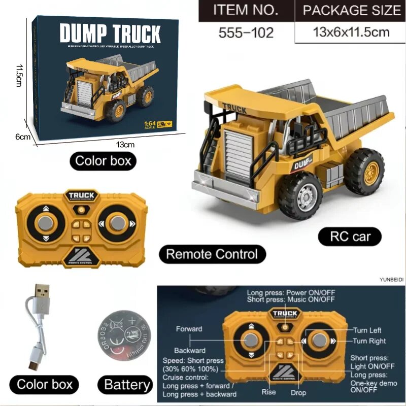 YUNBEIDI 1:64 RC Миниатюрный погрузчик, кран, экскаватор Желтый, Dump truck-1