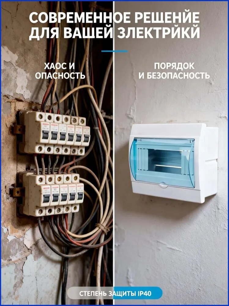 Бокс для автоматических выключателей на 8 модулей, накладной, щиток распределительный наружный, пластиковый, с DIN-рейкой