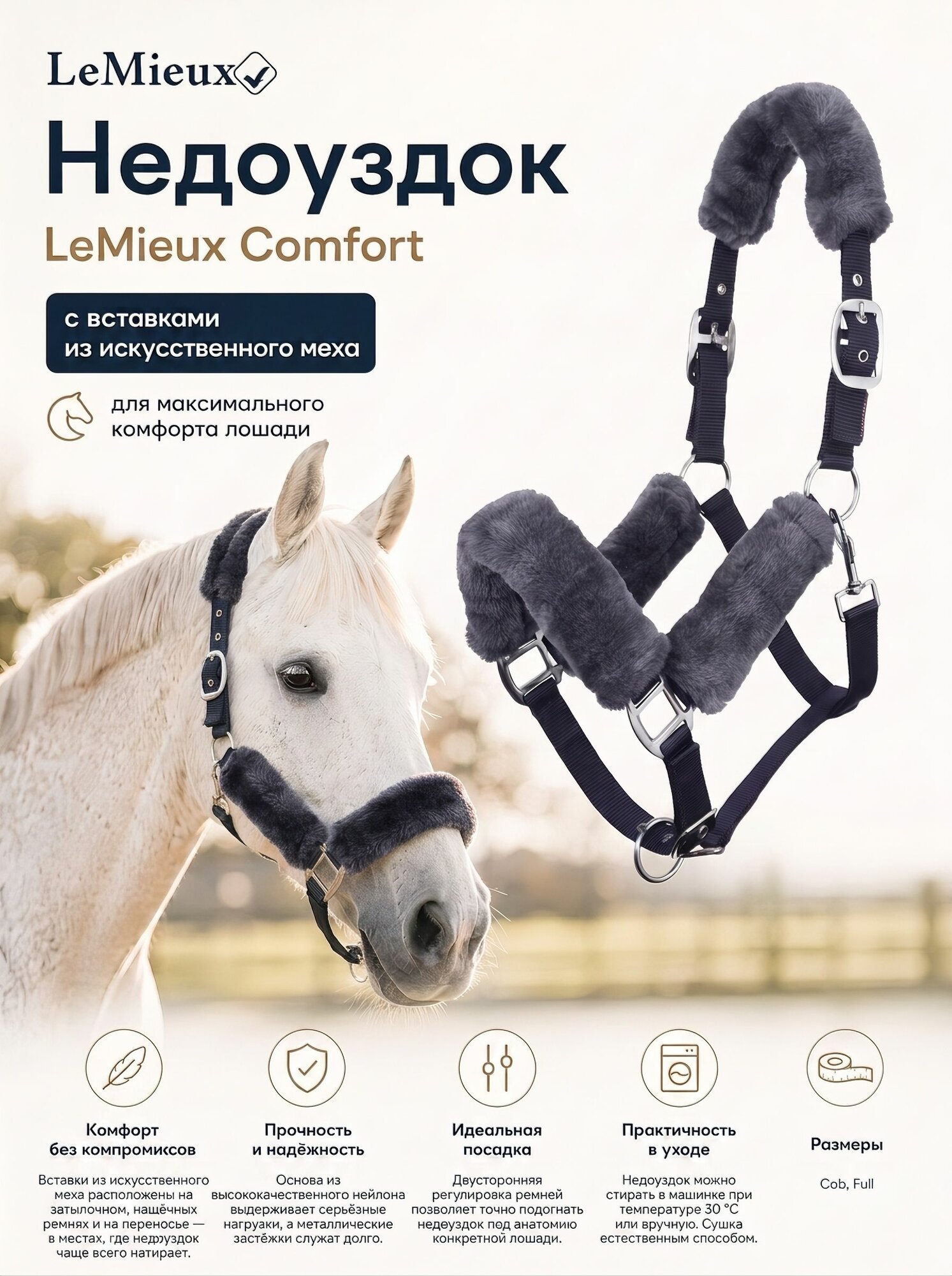 Недоуздок "LeMieux" с искусственным мехом (COB, Темно-синий/Серый)