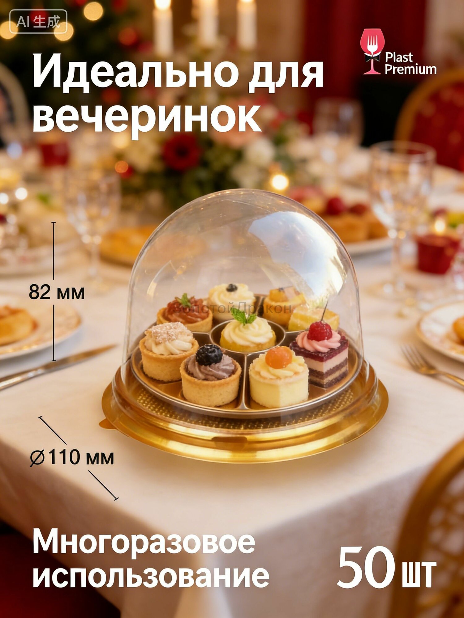Форма для фуршетов, креманка Кристалл с купольной крышкой, 50 шт, размер 100х82 мм, полистирол литьевой (PS), прозрачный пластик