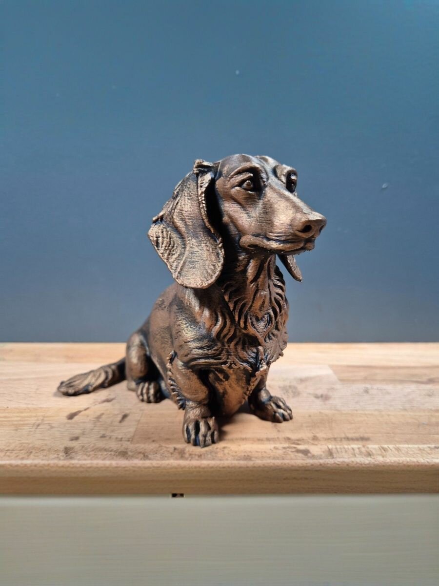 Эксклюзив! Ростовая статуэтка собаки - Длинношерстная такса (10 см, коричневый металлик) - Верный друг, подарок, талисман