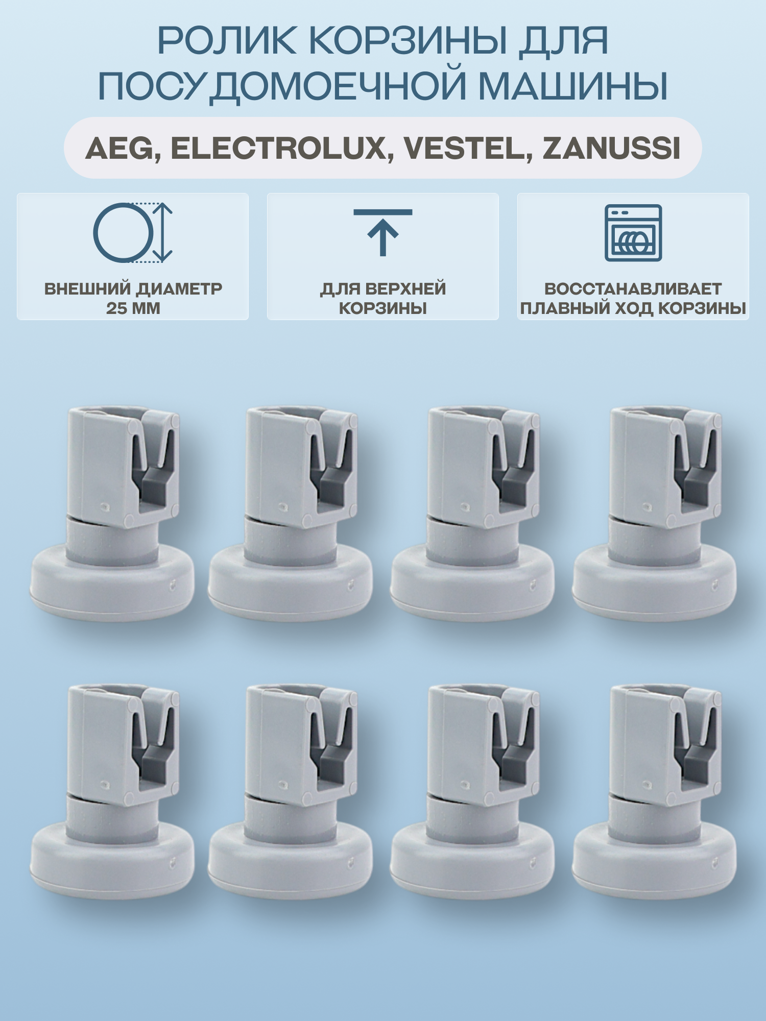 Ролик корзины для посудомоечной машины AEG, Electrolux, VESTEL, Zanussi, верхний (комплект 8 штук)/50286967000