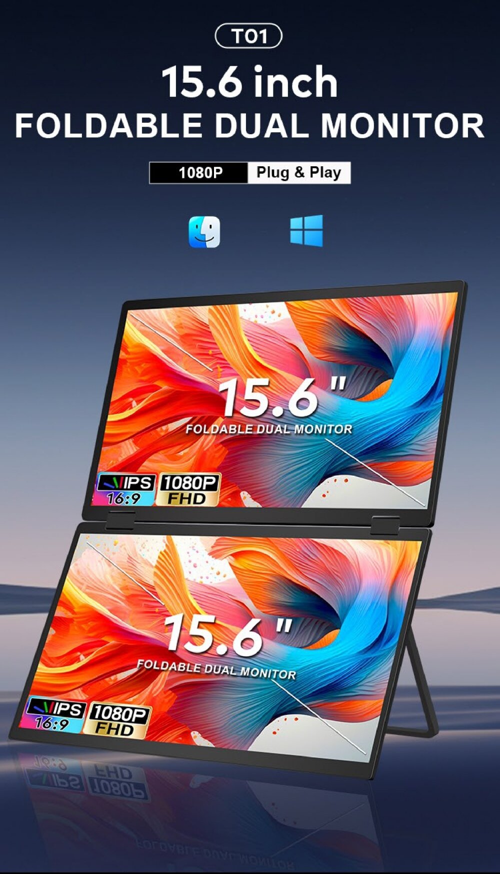 Портативный монитор T01, 2x15.6", IPS FHD, металлический, черный, USB-C/HDMI/Thunderbolt 3/4/5