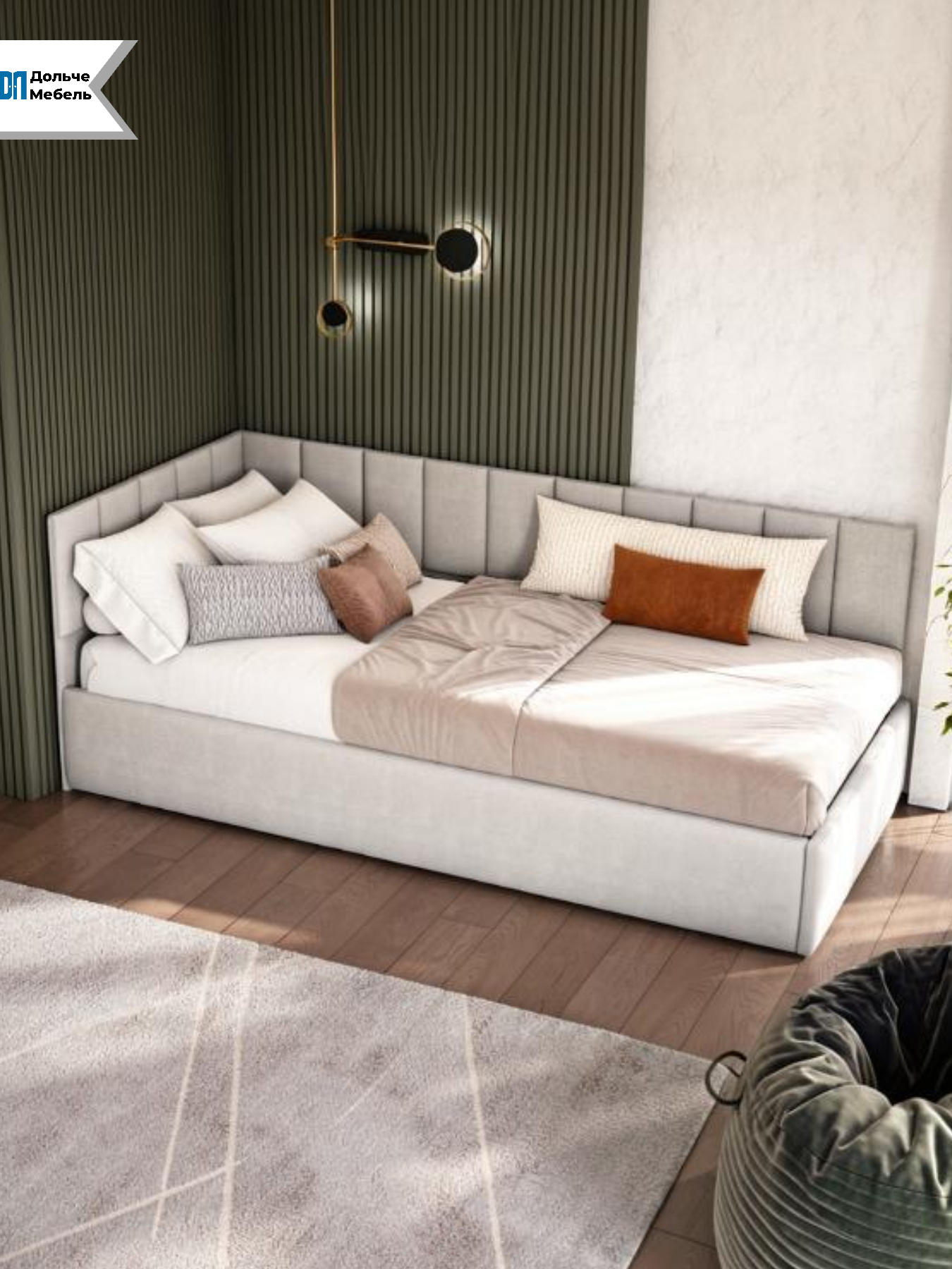 Кровать односпальная 90х200 мягкая КР 3 SAFE с угловой спинкой, серая ткань, кровать-софа для подростков и детей