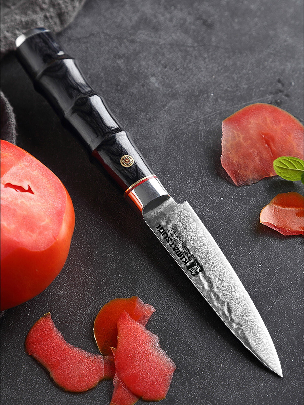 Kimatsugi / Японский кухонный нож для овощей из дамасской стали 67 слоев. Длина лезвия 9 см. В подарочной коробке