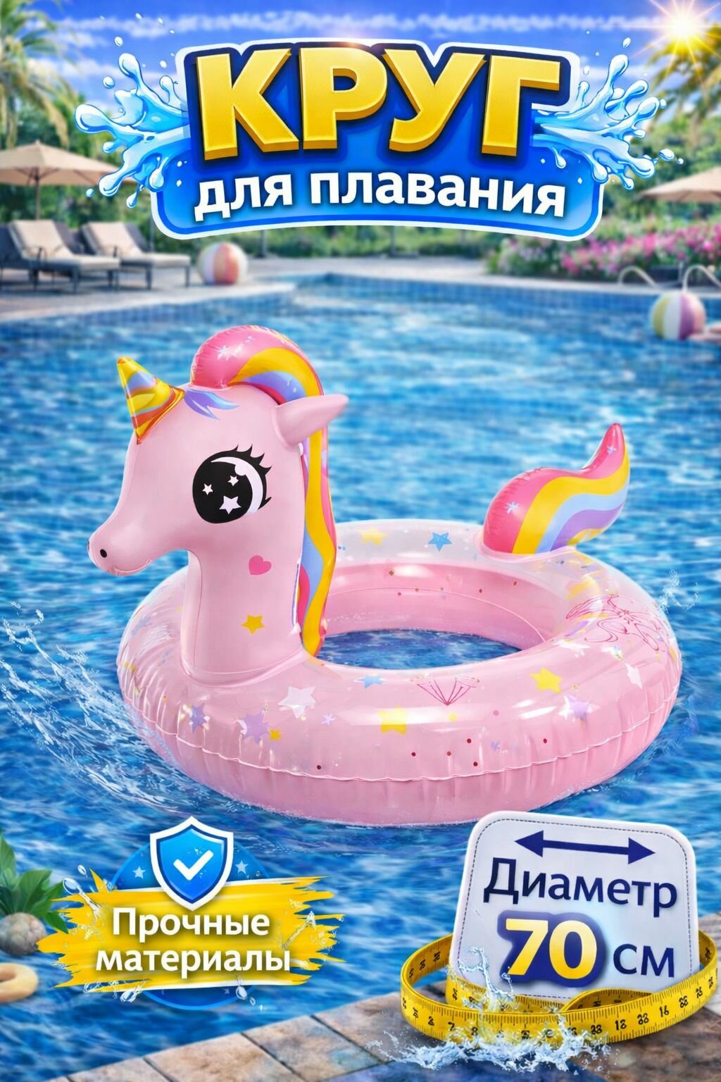 Надувной круг для плавания детский Единорог 70 см, цвет розовый