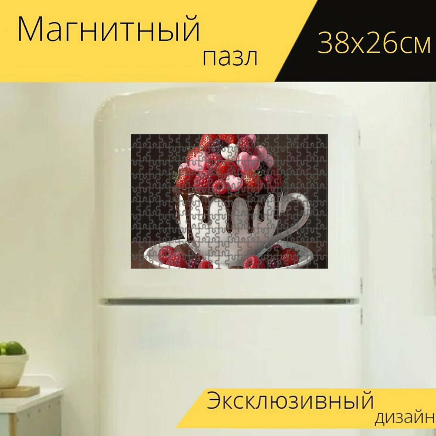 Магнитный пазл "Клубничный десерт с шоколадом. Роскошный сладкий натюрморт в 3D-стиле: белая чашка с шоколадной глазурью, ягодами малины и ежевики, розовыми." для интерьера, 38х26 см.