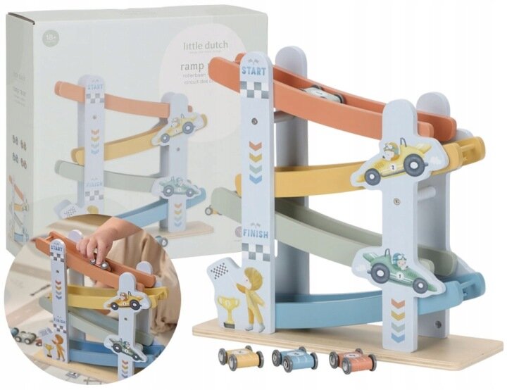 Игровой набор Little Dutch Ramp Racer - Деревянная гоночная горка + 4 машинки, цвет голубой - LD2549