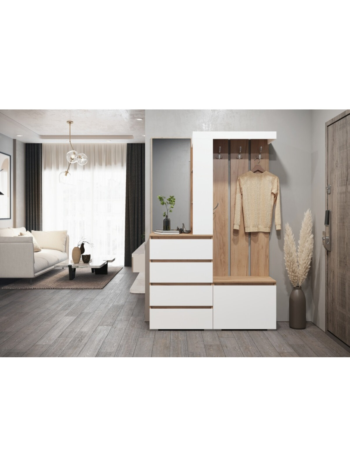 Прихожая "Хелен" крафт+белый Huge Mebel. Ширина 1260 Высота 1980. Прихожие