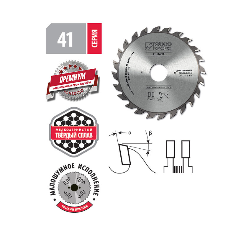Диск пильный для подрезного узла 120*22H*12+12T A10 FT WOODWORK/вудворк 41.120.22