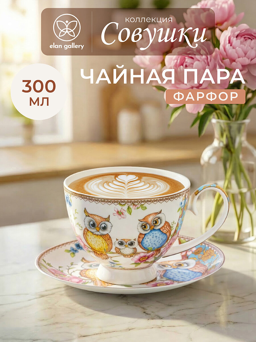 Чайная пара, чашка с блюдцем, кружка для чая, кофе 300 мл Elan Gallery "Совушки"