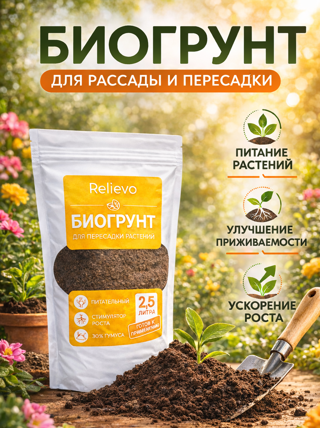 Питательный органический грунт для растений при посадке и пересадке овощей, ягод, цветов.