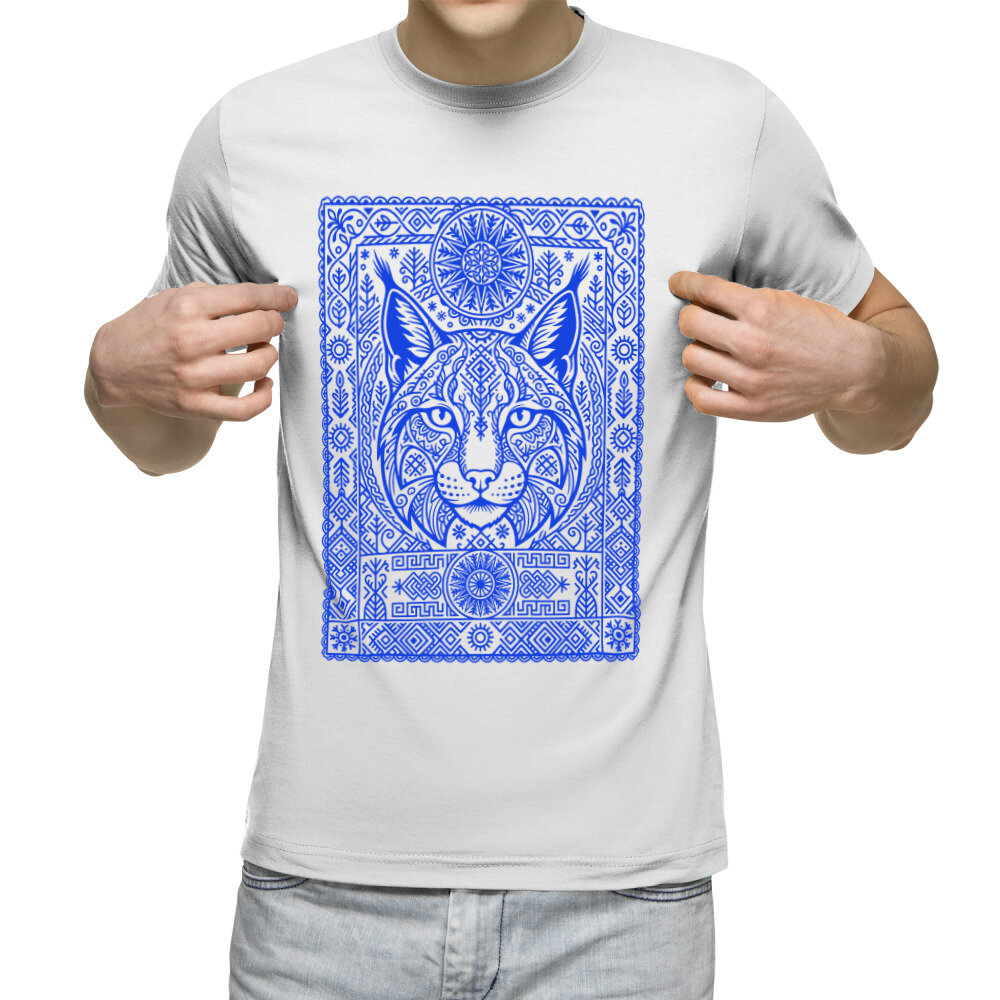 Мужская футболка «Русский узор-славянская рысь оберег» (белый, XL)