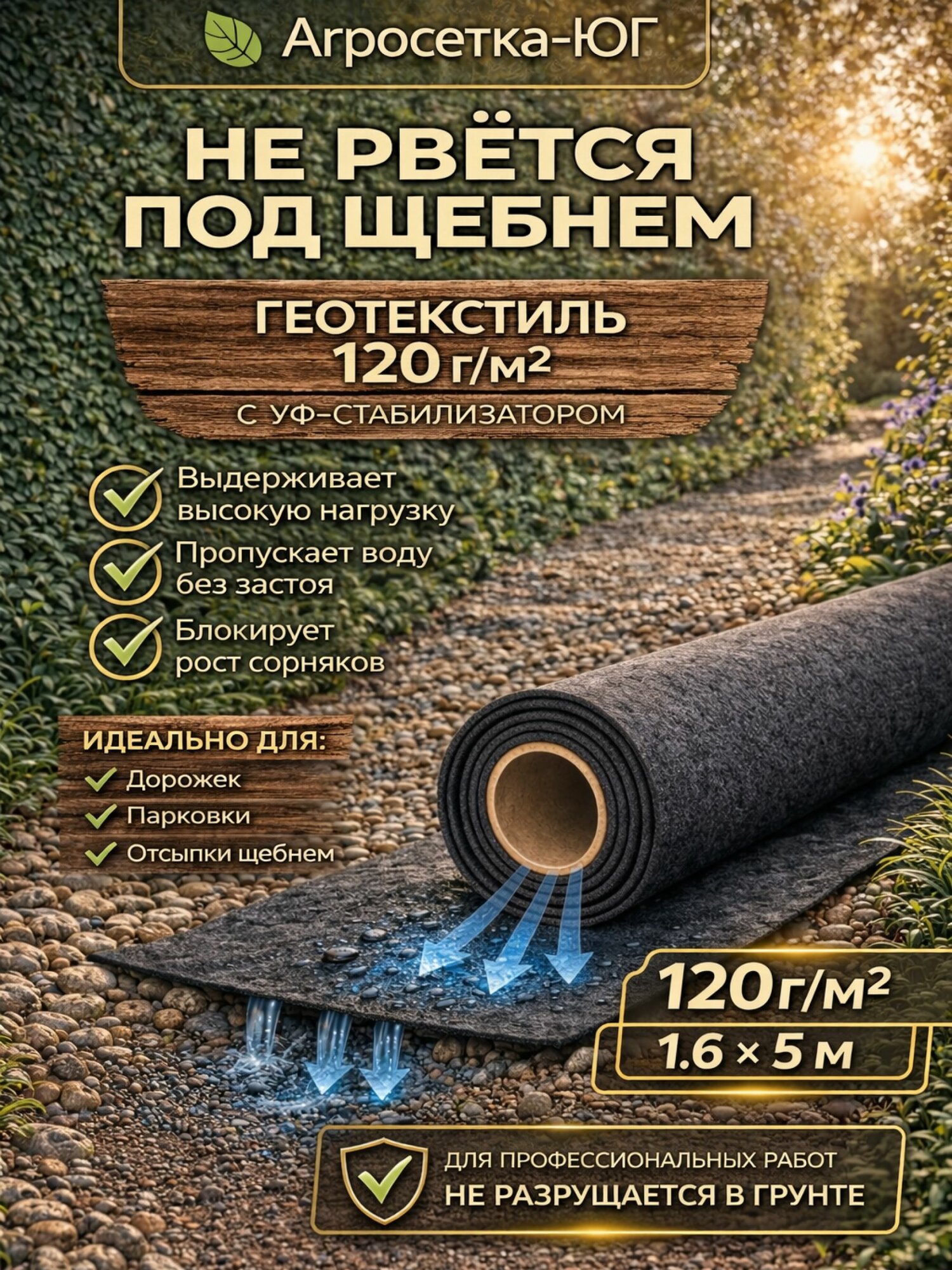 Геотекстиль 120 г/м. кв. для строительных, ландшафтных, садовых работ Агросетка-Юг, 1,6 x 5, черный