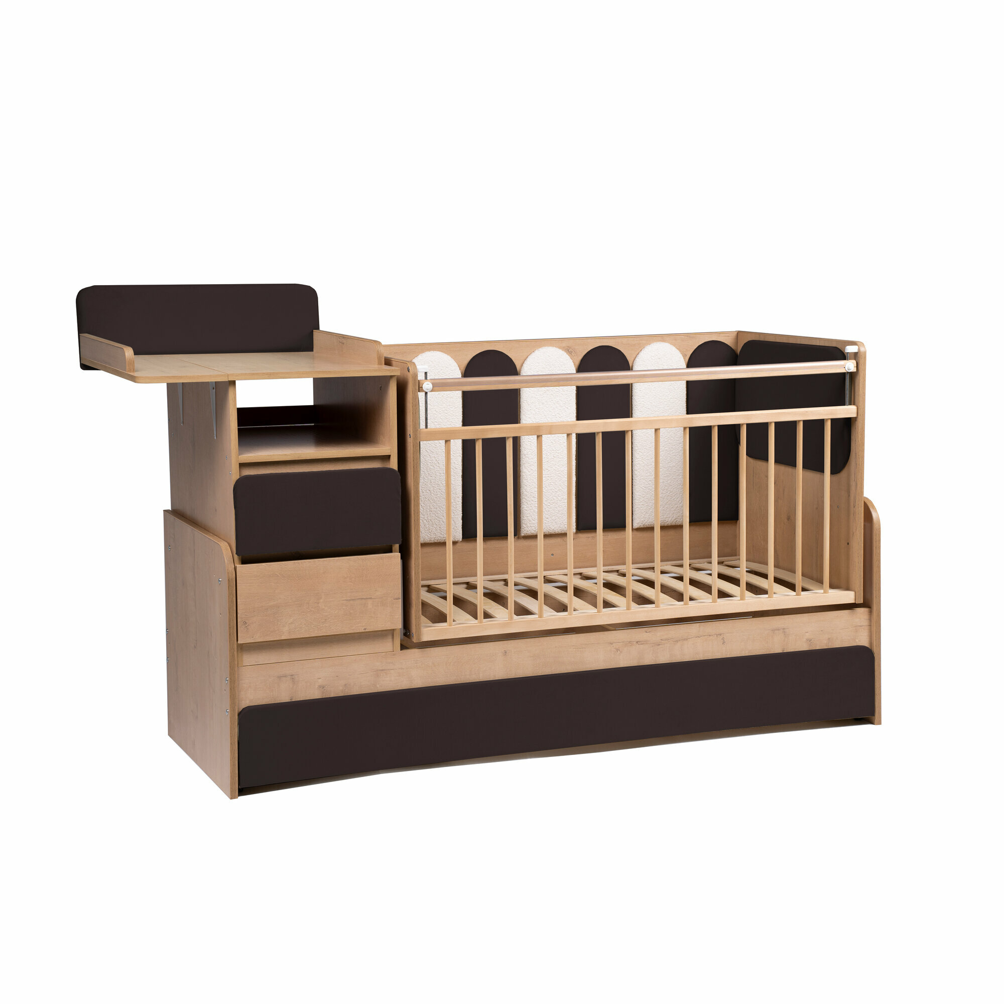 Кровать-трансформер детская "Дивания", корпус дуб, велюр шоколад, букле белое