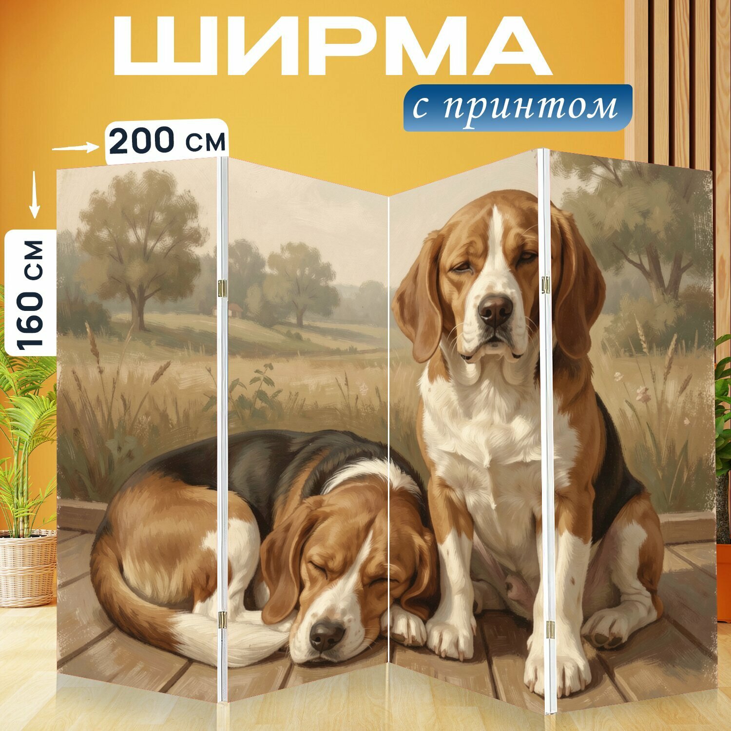 Ширма "Два беагля в поле. Нежная живописная сцена с двумя трёхцветными собаками на деревянном настиле на фоне." перегородка для зонирования комнаты с принтом 200x160 см. на холсте
