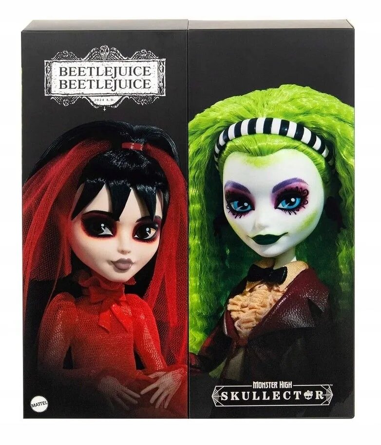 Кукла Монстер Хай Mattel Monster High Skullector Beetlejuice Lydia and Betelgeuse HYV96 / игрушки для девочек, две кукла шарнирная, с аксессуарами и кронштейнами, подходит для детей от 4 лет и старше