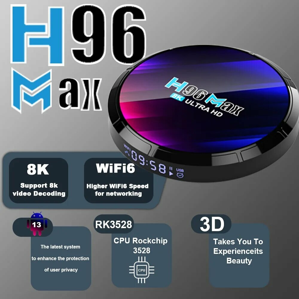 Смарт ТВ приставка H96 MAX RK3528, 4/32 ГБ Android 13 WIFI6 8K HDR10 HD медиаплеер. Караоке-система
