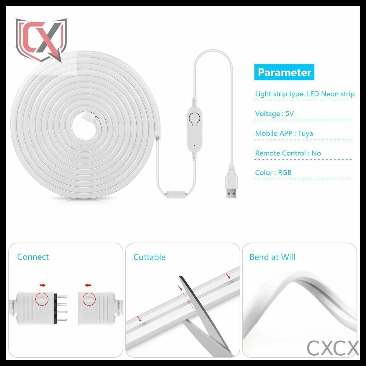 5 В RGB неоновая лента (6MMX12MM) + USB 5 В TUYA WIFI RGB контроллер (с кнопками)