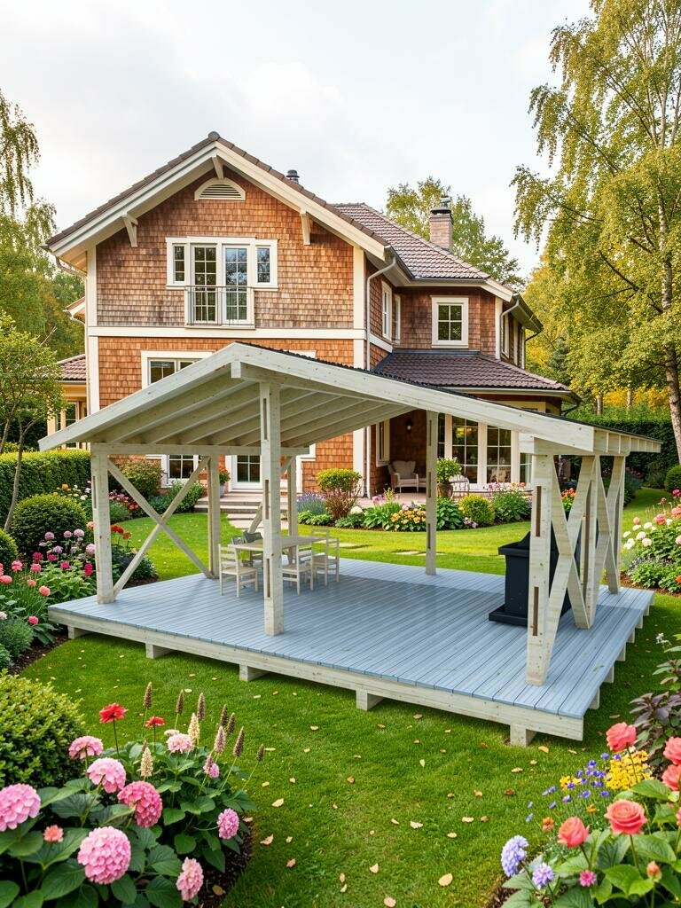 Проект каркасной беседки 6,0х8,0 м открытого типа с мангальной зоной