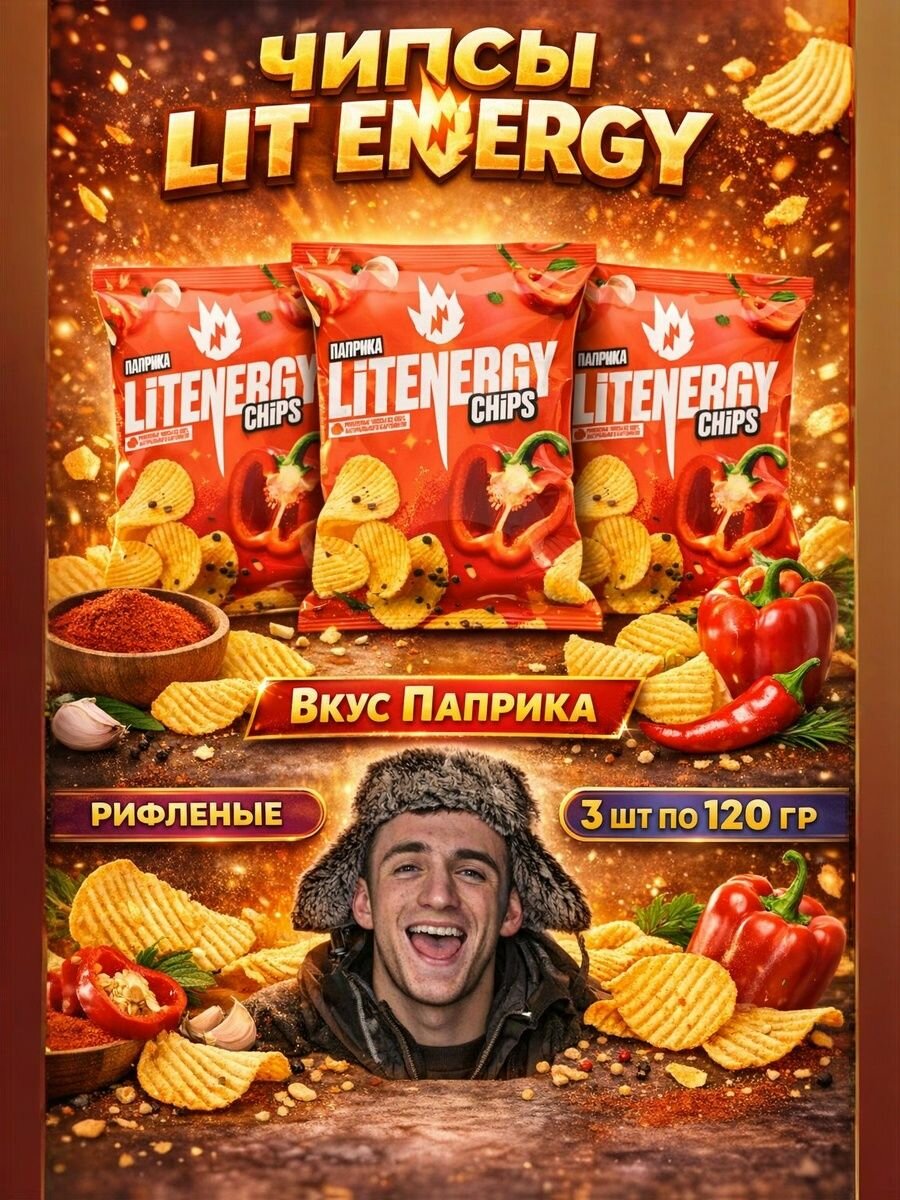 Чипсы LIT ENERGY 3 упаковки по 120 грамм Вкус Паприка / Лит энерджи 3 шт Паприка (360 гр)