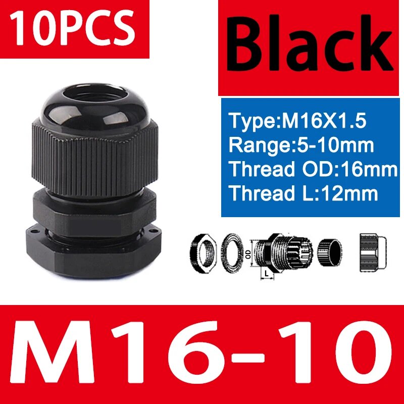 10шт. Кабельный ввод M16x1.5, 5-10мм, черный