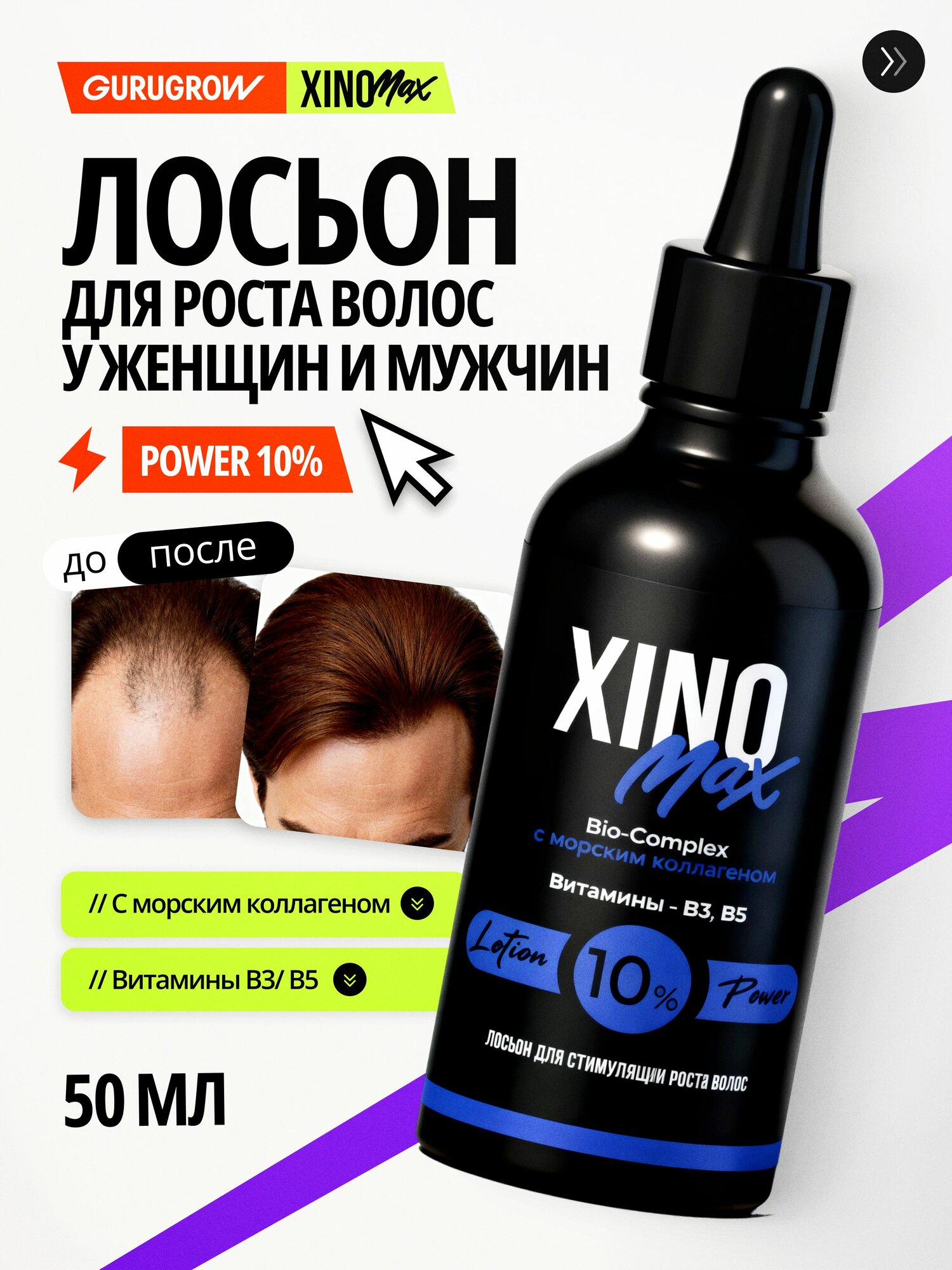 Xinomax 10% лосьон для роста волос и бороды, 50 мл