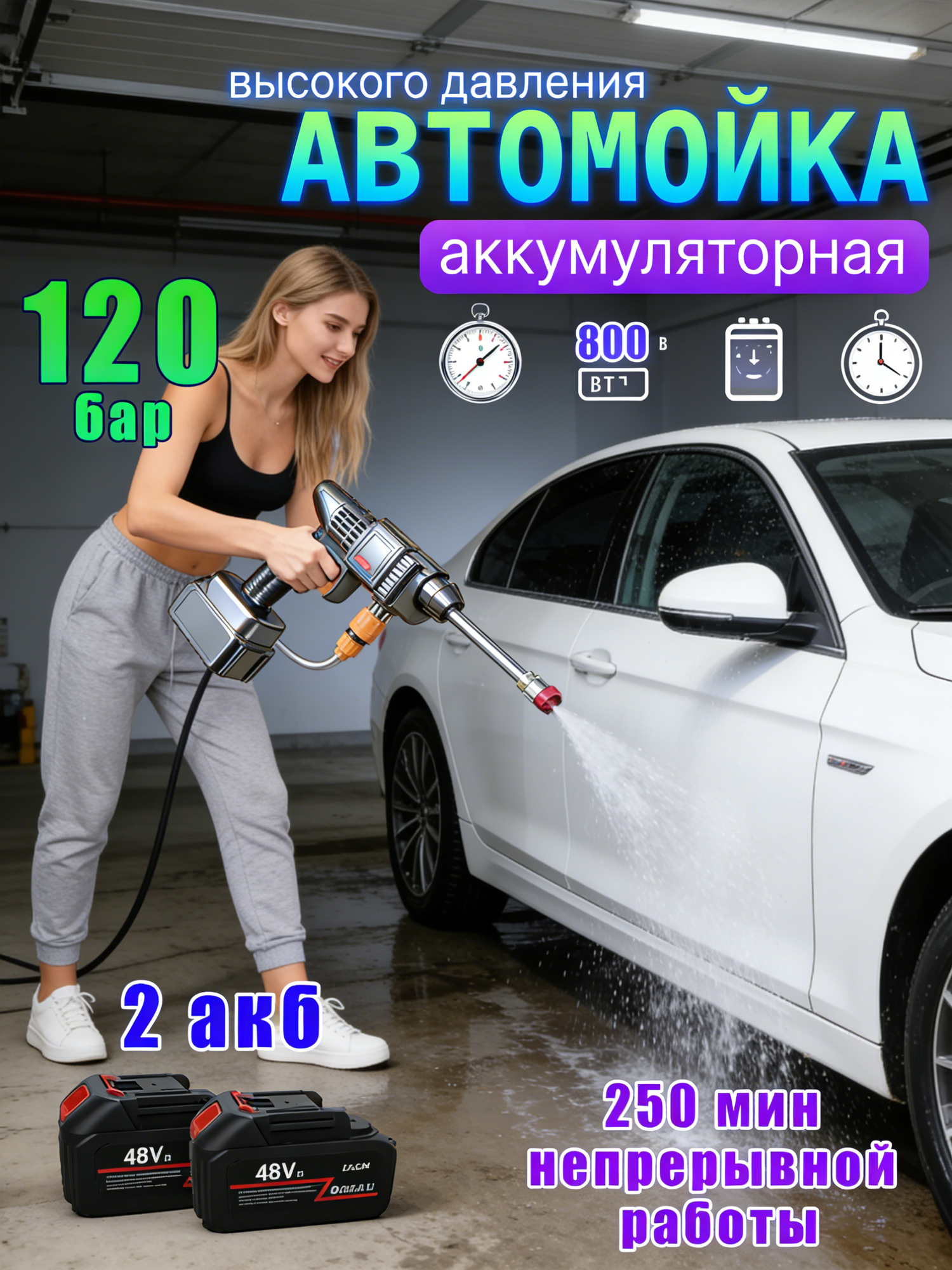 Мойка высокого давления, аксиальный привод, 1000 Вт, 30 Бар, 2 аккумулятора, черный