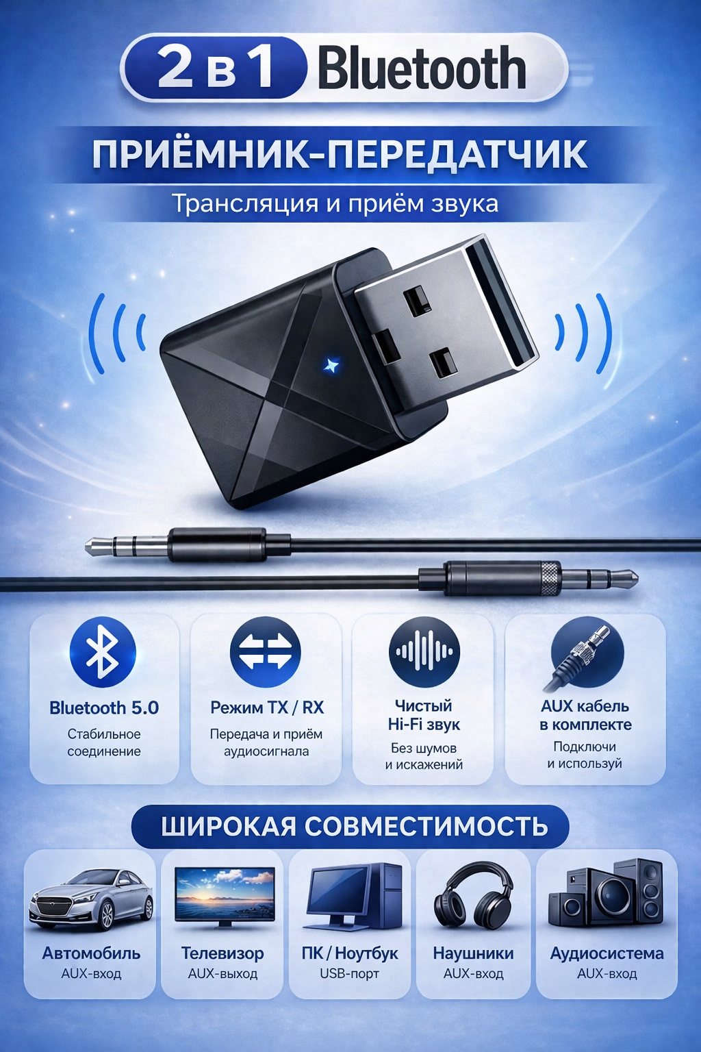 Bluetooth AUX адаптер ресивер - трансмиттер, приемник- передатчик / блютуз для автомобиля /телевизора /колонок