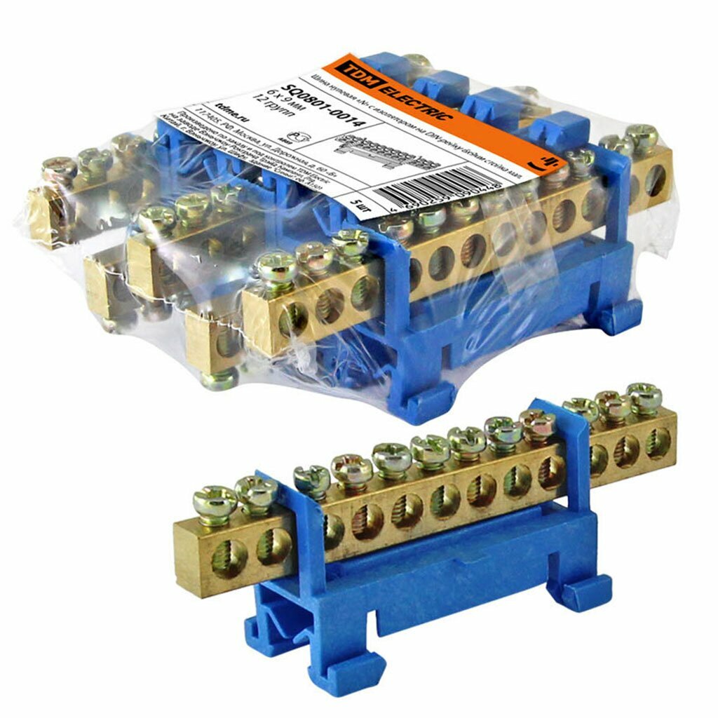 Шина нулевая N TDM Electric SQ0801-0014 с изолятором на DIN-рейку, 12 групп, 6х9 мм