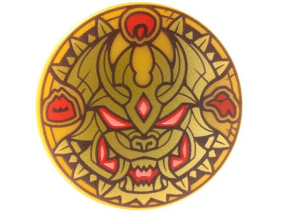 Деталь Lego 75902pb30 Minifigure, Shield Circular Convex Face with Gold and Dark Brown Dragon Face, Red and Coral Eyes, Mouth, and Symbols Pattern