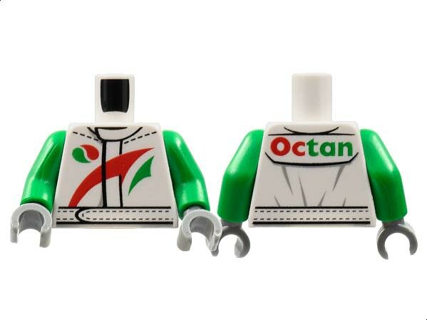 Деталь Lego 973pb1373c01 Torso Octan Logo Jacket with Red and Green Stripe Pattern / Green Arms / Dark Bluish Gray Hands