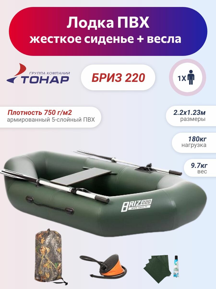 Надувная лодка пвх одноместная для рыбалки с веслами Тонар Бриз 220 (жесткое сиденье), зеленый