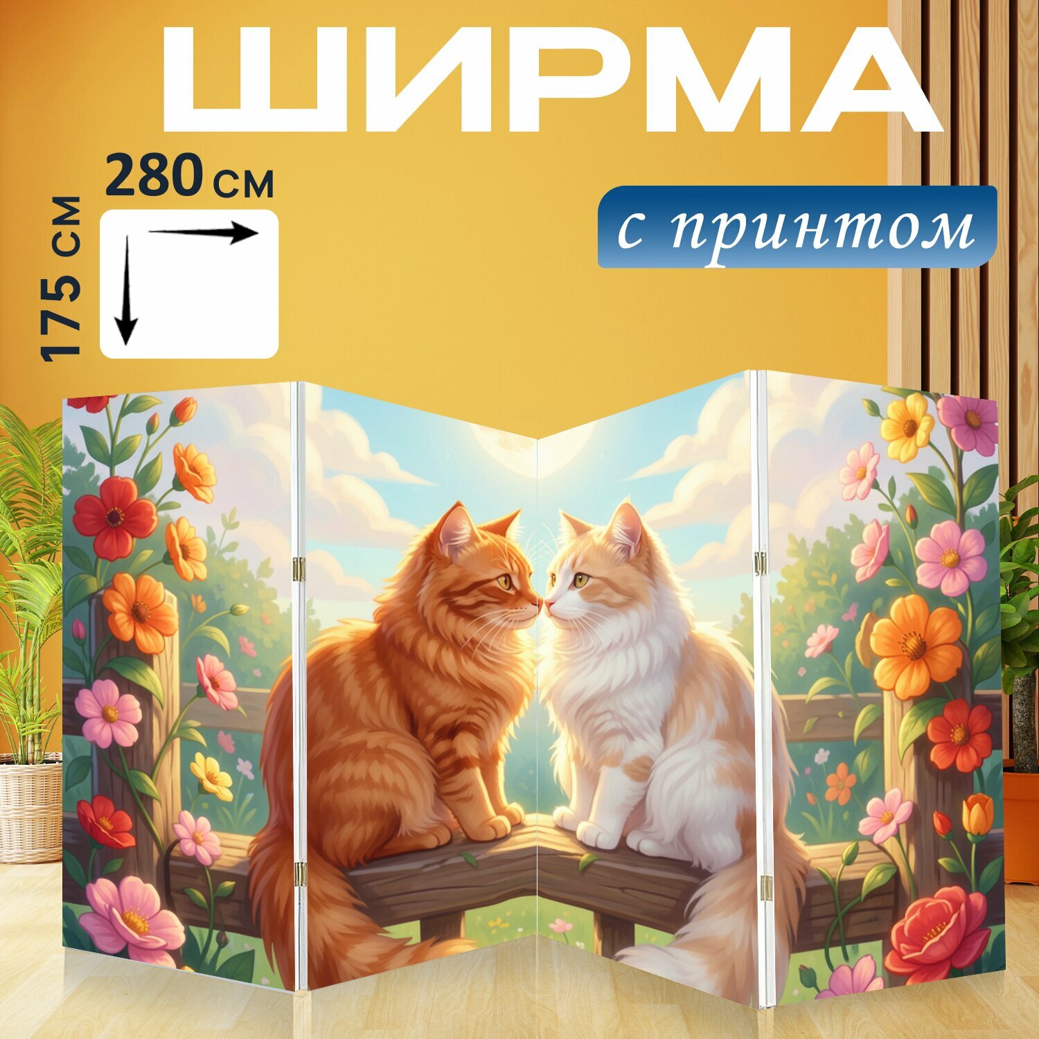Ширма "Два пушистых кота в саду. Мягкая иллюстрация: рыжий и бело-рыжий домашние питомцы сидят на деревянной." перегородка для зонирования комнаты с принтом 280x175 см. на холсте