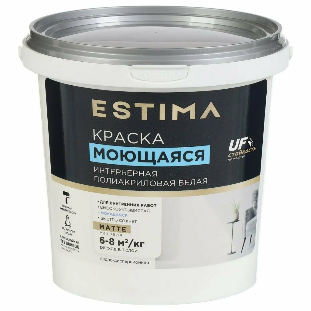 Краска водно-дисперсионная Estima полиакриловая интерьерная моющаяся матовая белая 1.5 кг для стен и потолка
