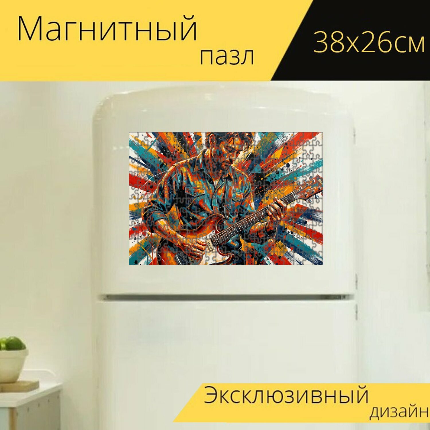 Магнитный пазл "Мужчина с электрогитарой в абстракции. Экспрессивный рок-музыкант играет на струнном инструменте на фоне ярких мазков и брызг. Современная." для интерьера, 38х26 см.