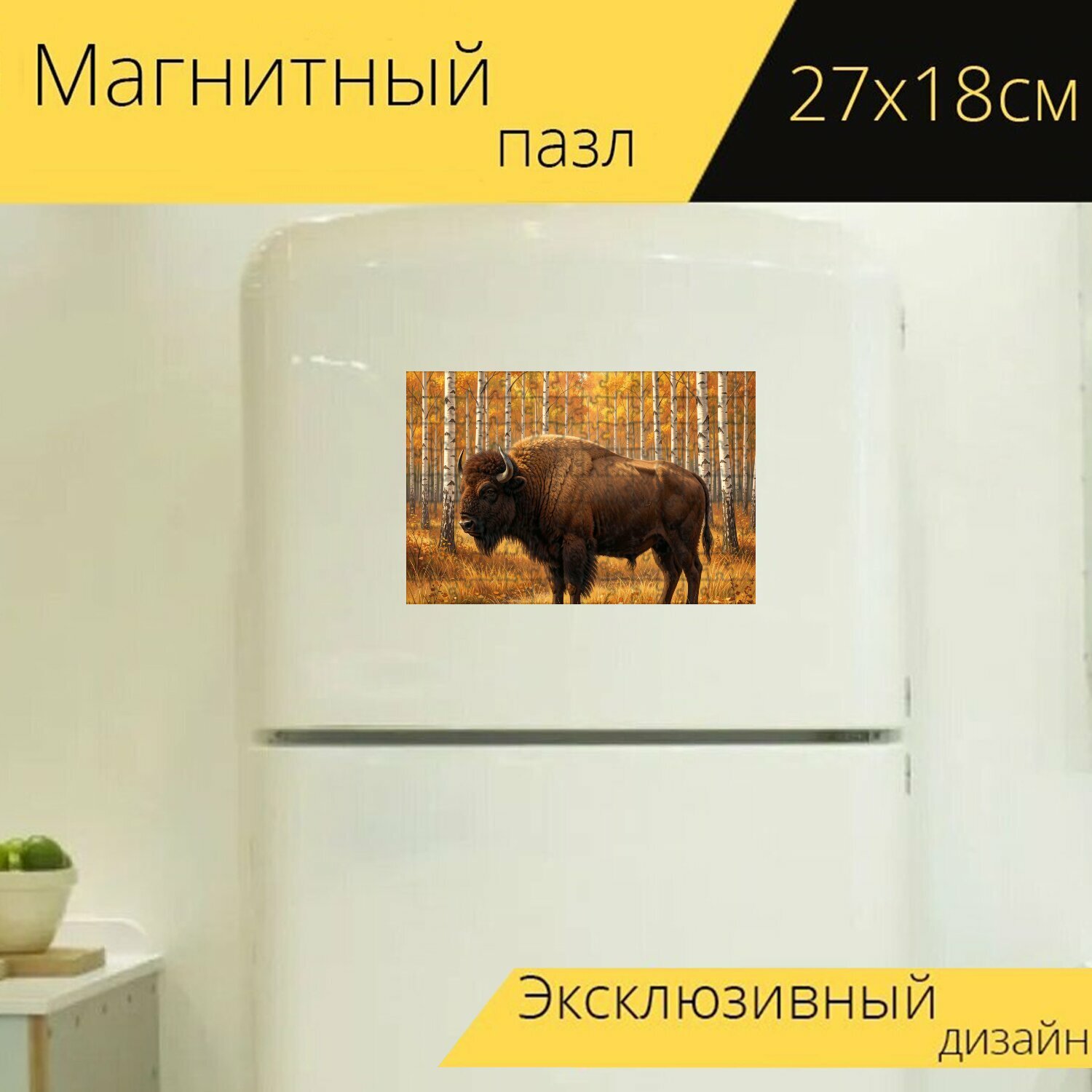 Магнитный пазл "Бизон в осеннем березовом лесу. Могучий зубр среди белоствольной рощи с золотой листвой и сухой травой. Реалистичная лесная сцена в." на холодильник 27 x 18 см.