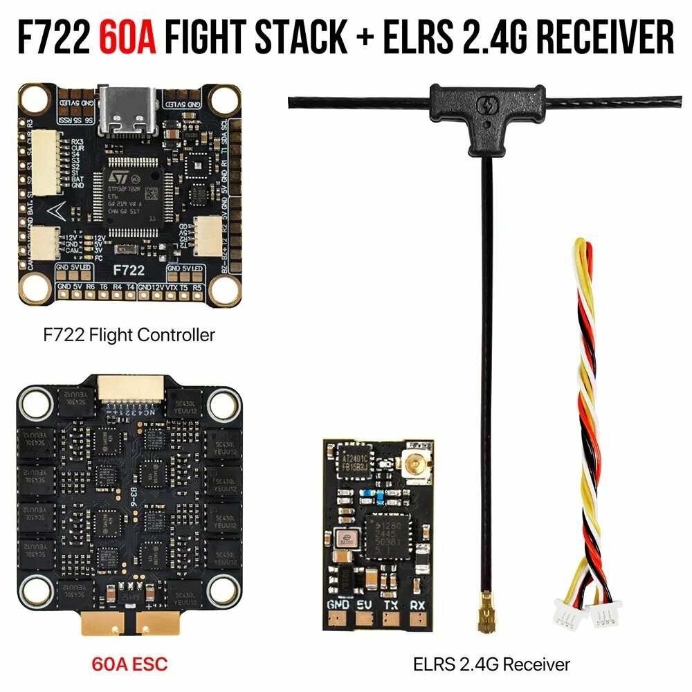 9IMOD F722 Flight Stack - Полетный контроллер с ESC 60A для гоночных RC систем+Приемник 2.4G
