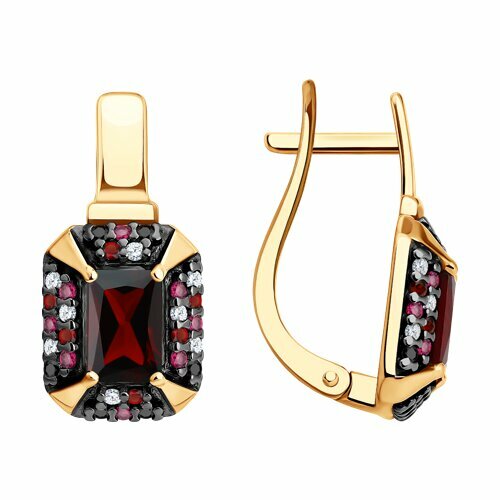 Серьги, серебро, 925 проба, золочение, фианит, гранат, рубин синтетический